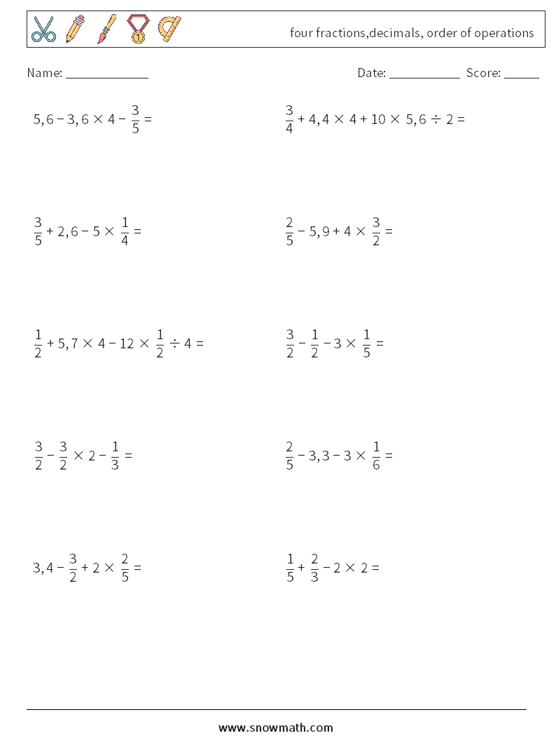 Four Fractions decimals Order Of Operations Math Worksheets Math 