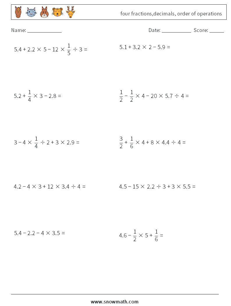 Four Fractions decimals Order Of Operations Math Worksheets Math 