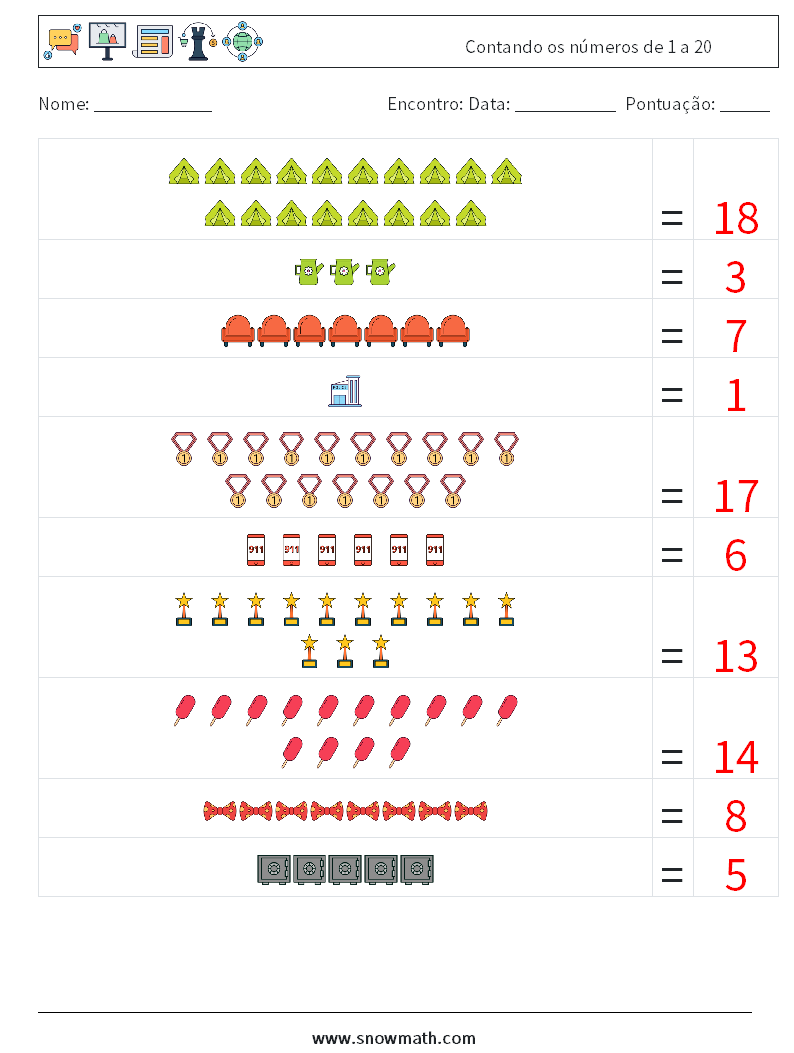 contando os números de 1 a 20 planilhas matemáticas 1Planilhas de ...